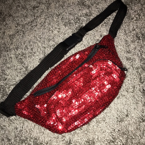 Bags | Red Sequin Fanny Pack | Poshmark